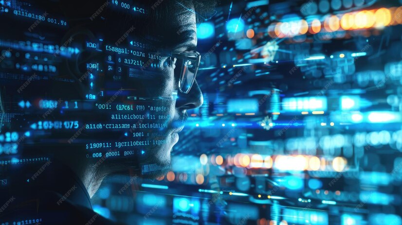 Programmer coding with digital technology visuals and binary code in ...