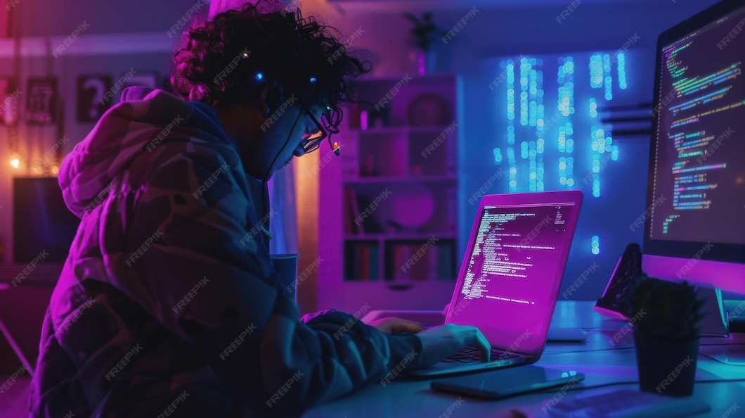 A programmer debugging code on a laptop with multiple windows open and a focused expression ...