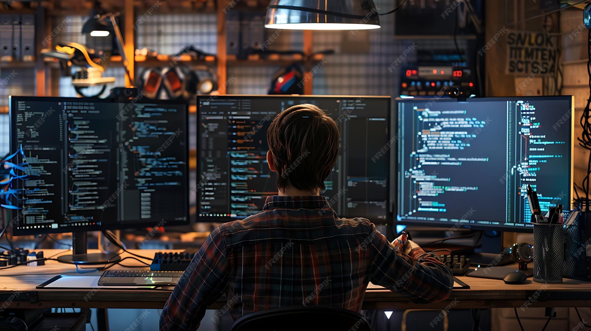 Programmer debugging complex software issue on dual monitors with multiple windows and consoles ...