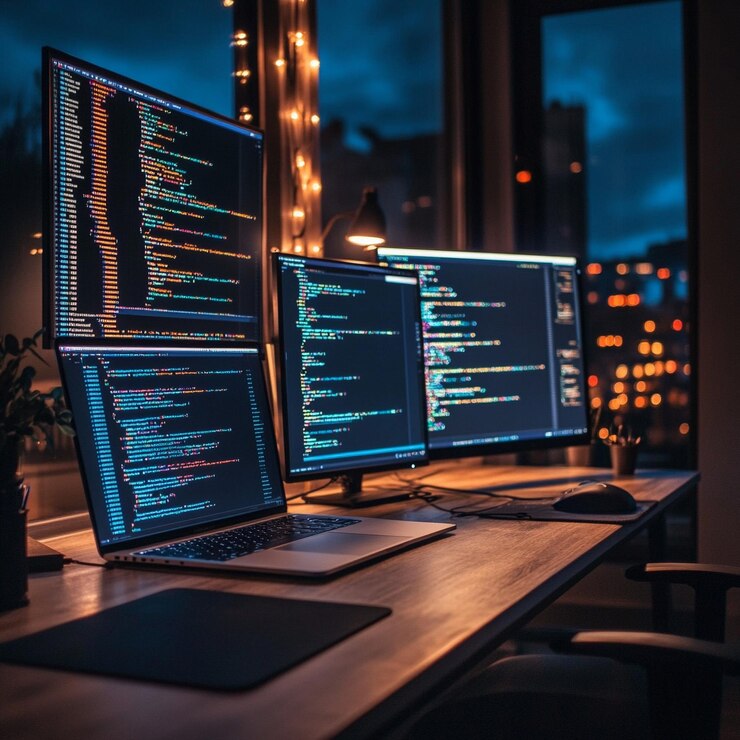 Programmer desk setup with laptop and multiple computer screens displaying source code ...