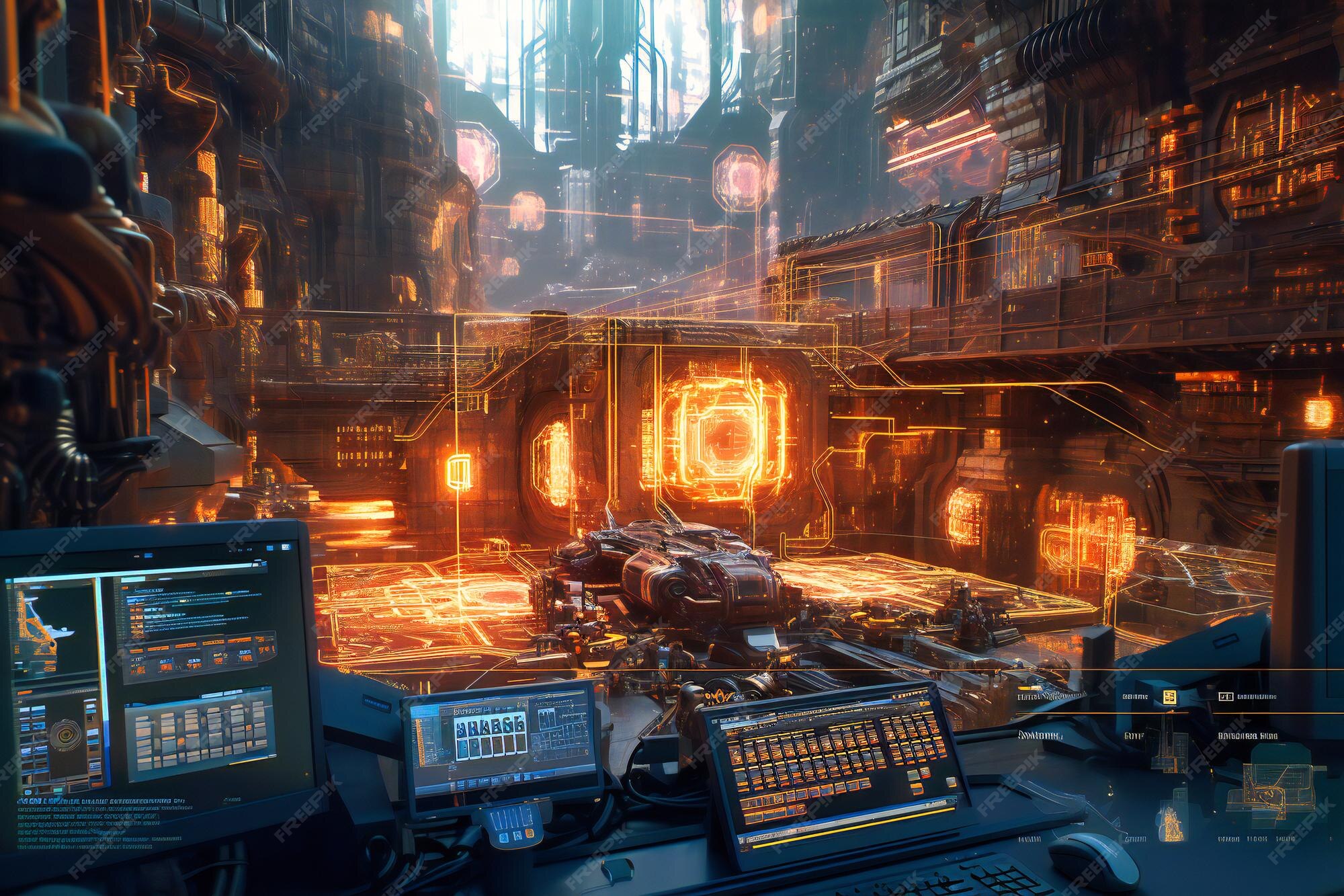 Premium Photo | Programmer diligently crafts intricate software surrounded by screens displaying ...