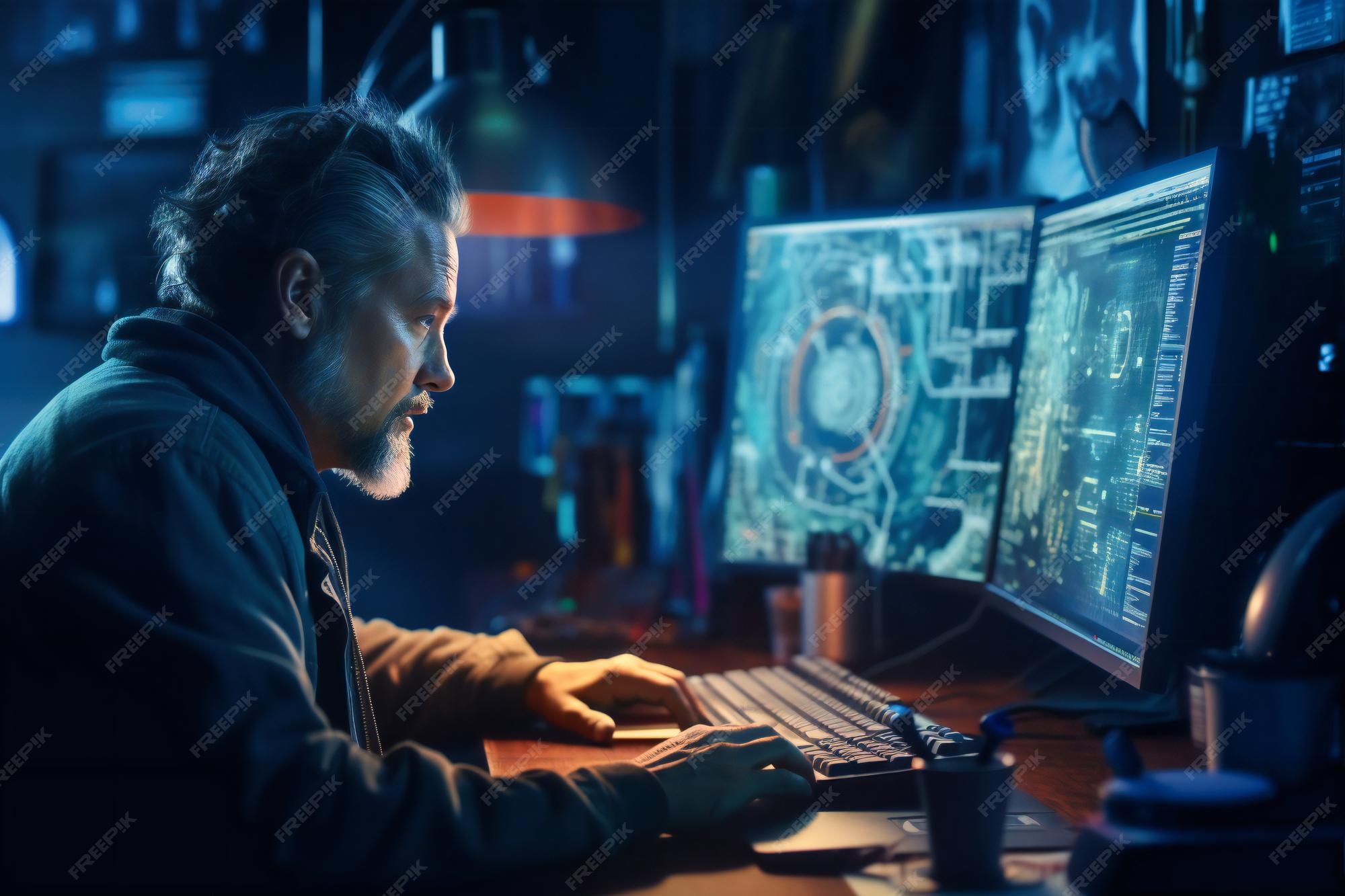 Premium Photo | Programmer diligently crafts intricate software surrounded by screens displaying ...