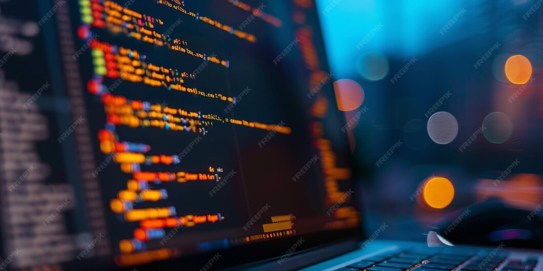 Programmer focused on coding on a computer screen surrounded by code ...