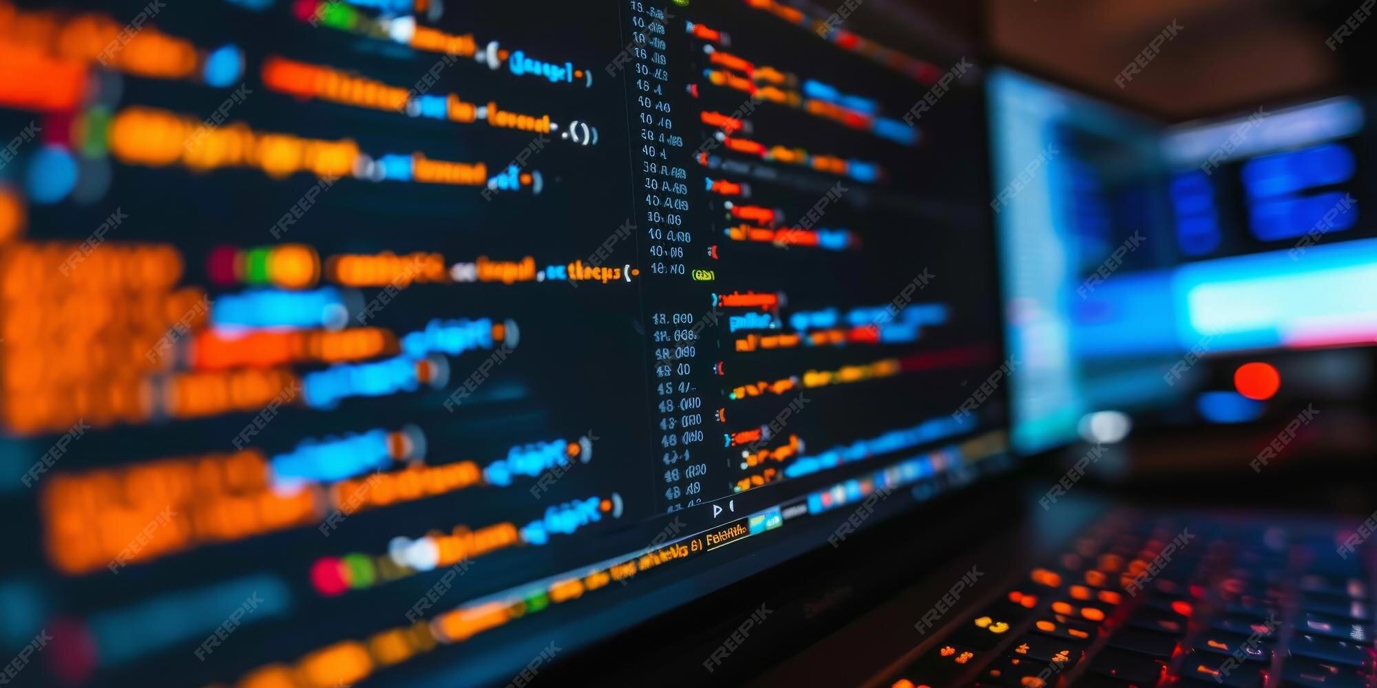 Programmer focused on coding on a computer screen surrounded by code representing software ...