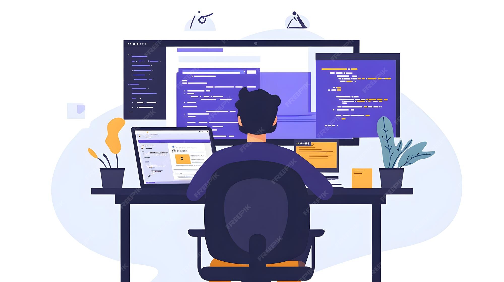 Programmer integrating API with website on a dual monitor setup efficient web development ...