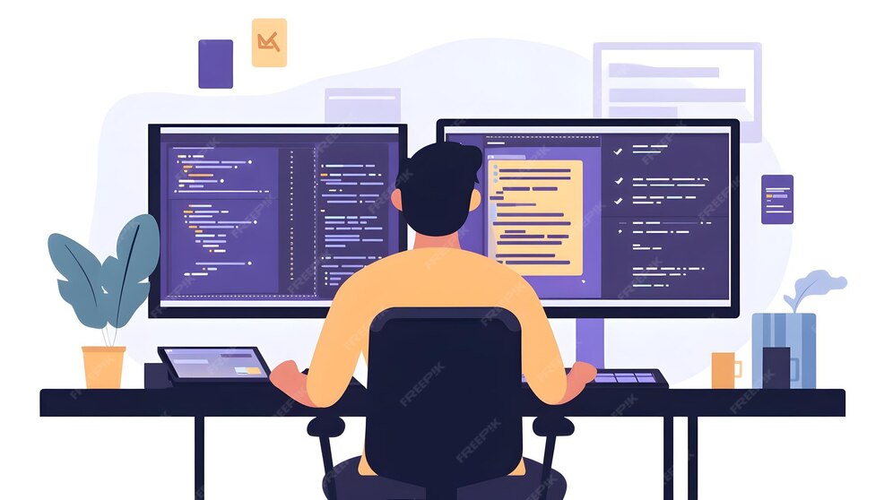 Programmer Integrating API with Website on Dual Monitor Setup for Efficient Web Development ...