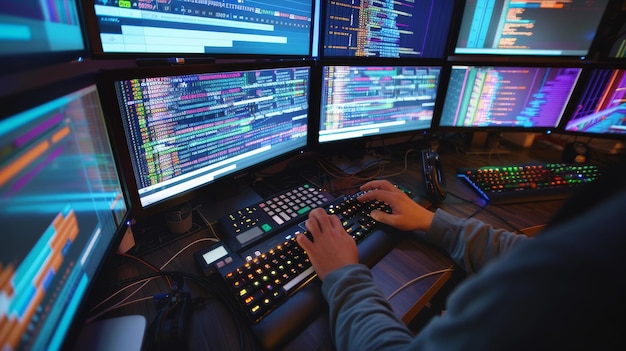 Premium Photo | A programmer intensely working on a multimonitor setup each screen displaying ...
