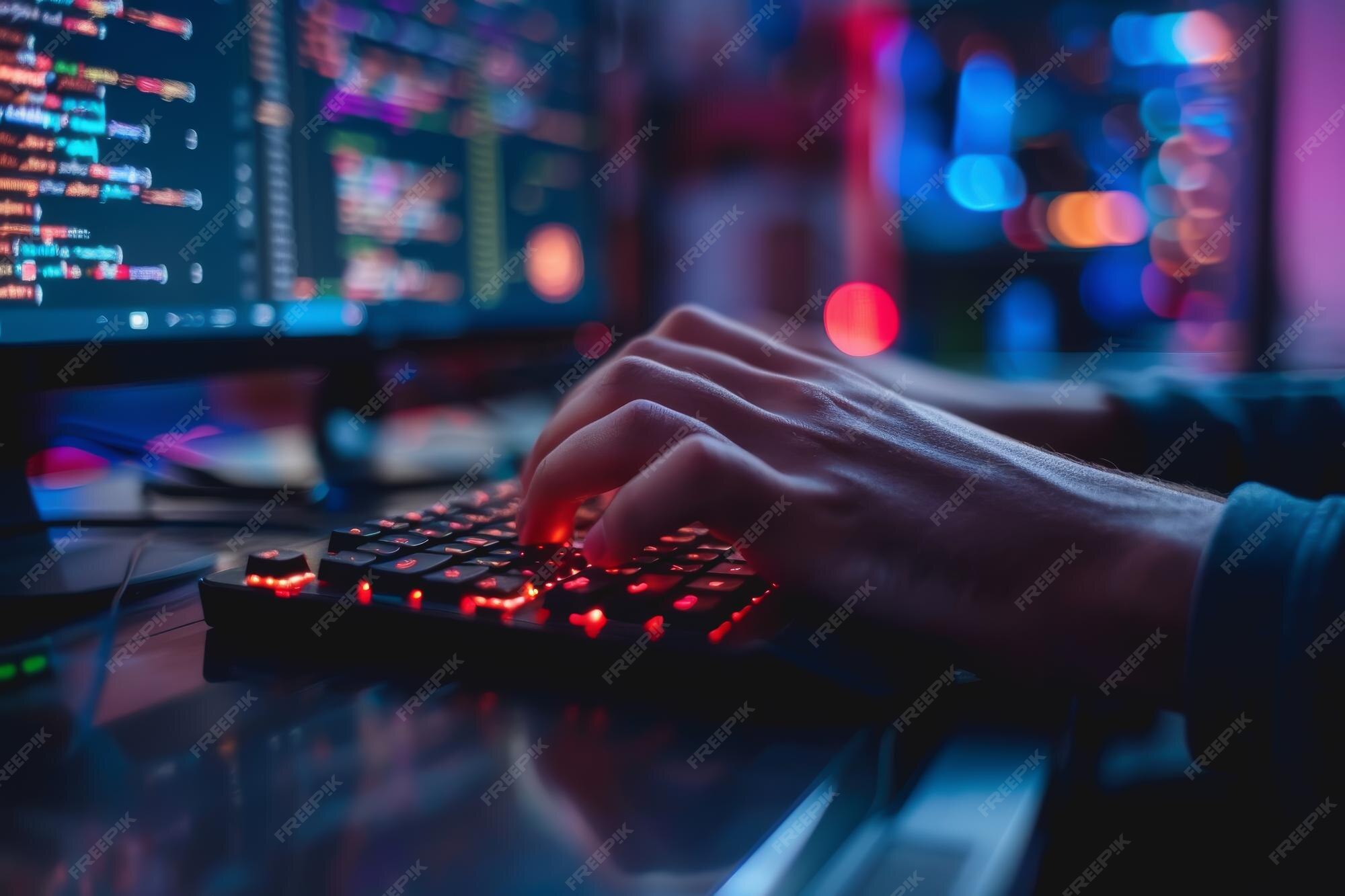 Programmer is hands on keyboard writing source code on screen monitor ...