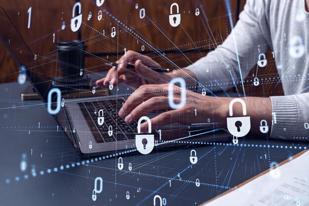 Premium Photo | A programmer is typing a code on a keyboard to protect ...