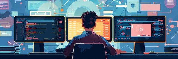 Premium Photo | A programmer is working on multiple screens symbolizing ...