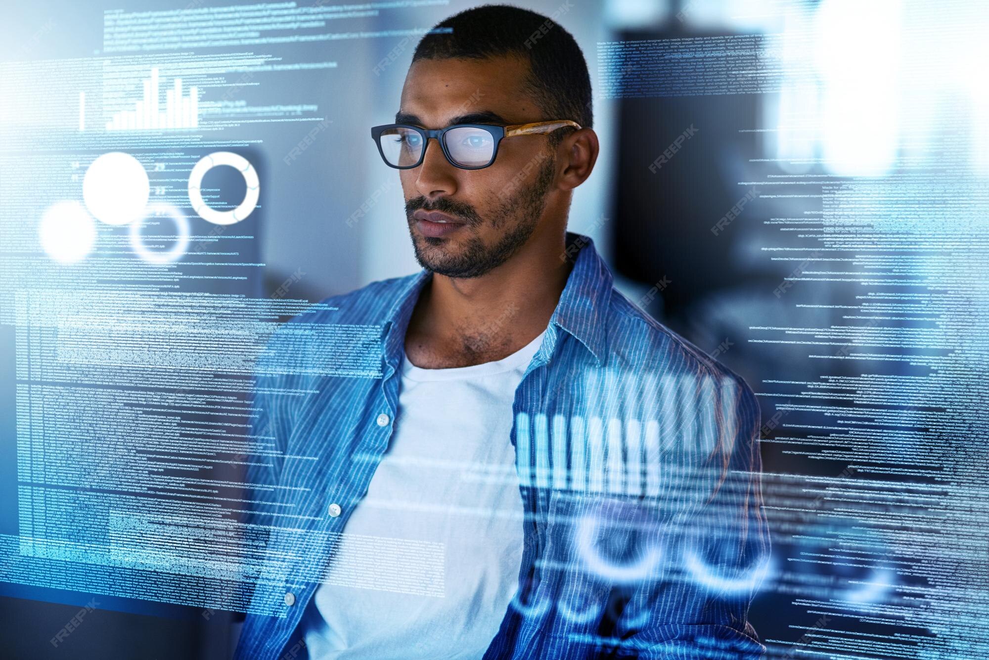 Premium Photo | Programmer overlay and man on screen for coding website development and ...