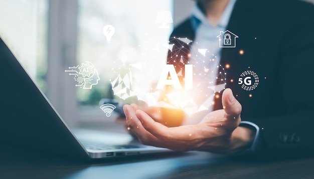 Premium Photo | Programmer people working laptops or smartphones with ai artificial intelligence ...