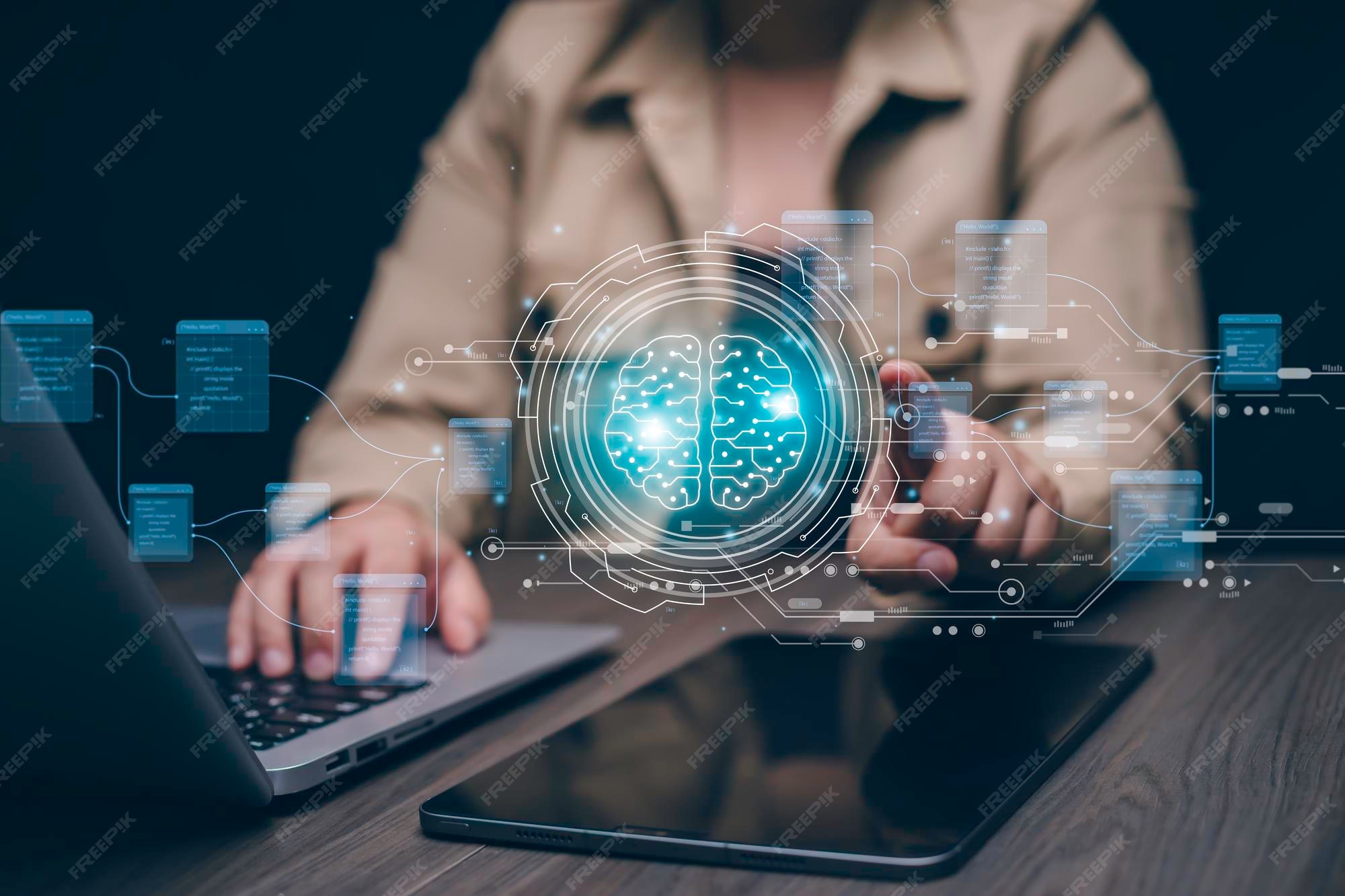 Premium Photo | Programmer people working laptops or smartphones with AI artificial intelligence ...