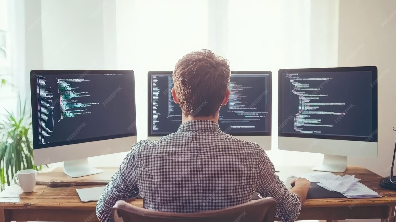 A programmer sitting in front of three computer screens working on a ...