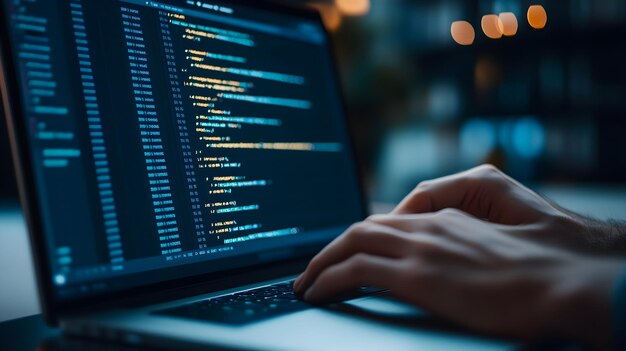 Programmer Typing Code on Laptop at Night | Premium AI-generated image Programmer Typing Code on Laptop at Night | Premium AI-generated image