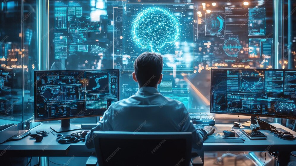 A programmer working on artificial intelligence algorithms in a ...