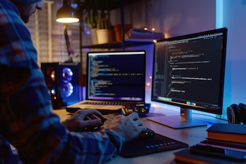 Premium Photo | Programmer working on computer in dark room Programmer ...