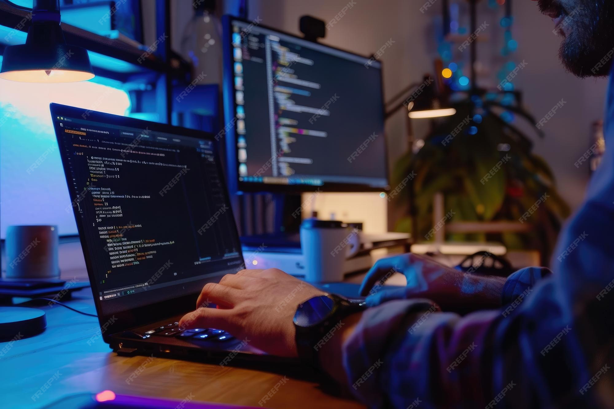 Программист работает на компьютере в темной комнате Программист кодирует код на настольном ...