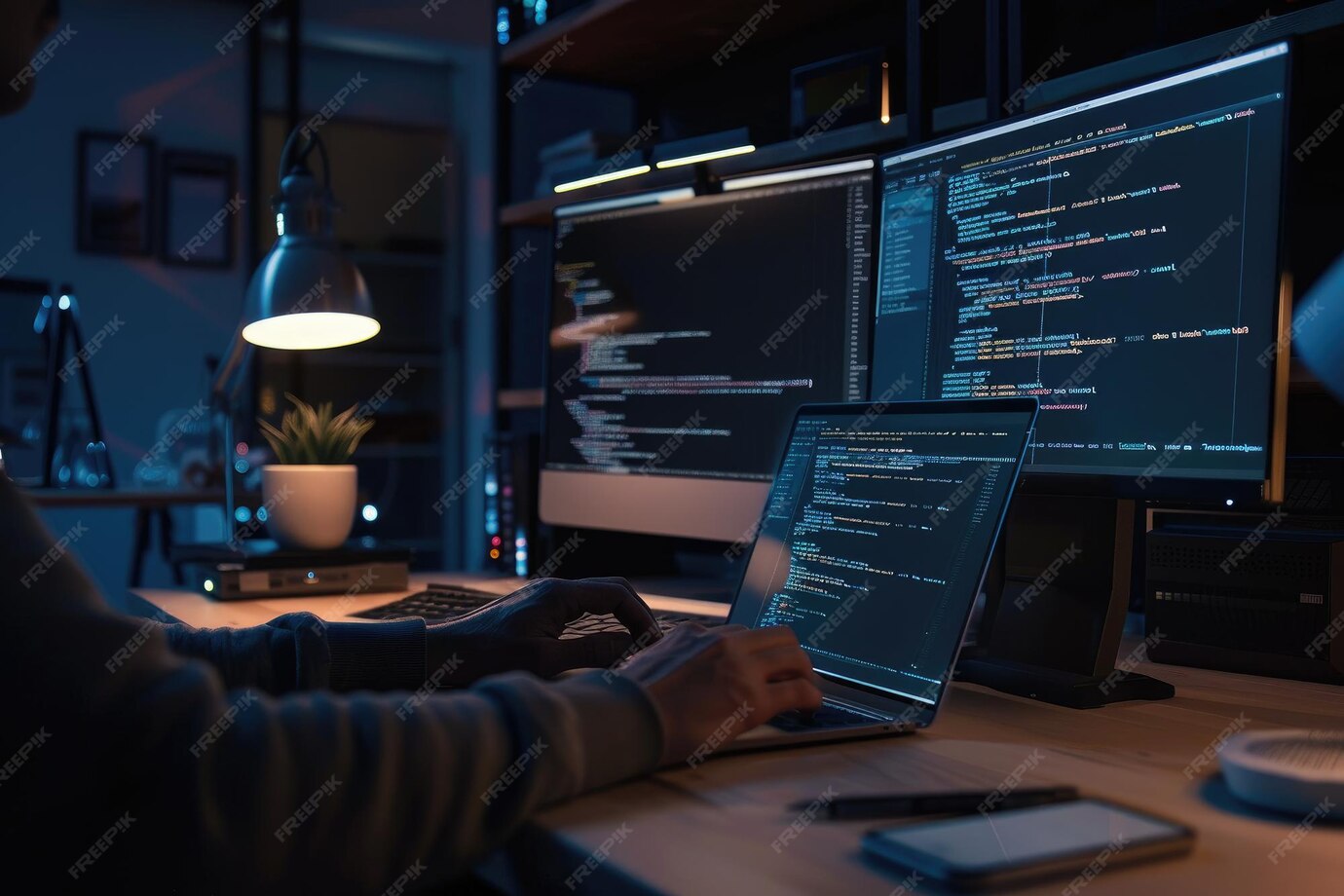 Premium Photo | Programmer working on computer in dark room Programmer coding code on desktop ...