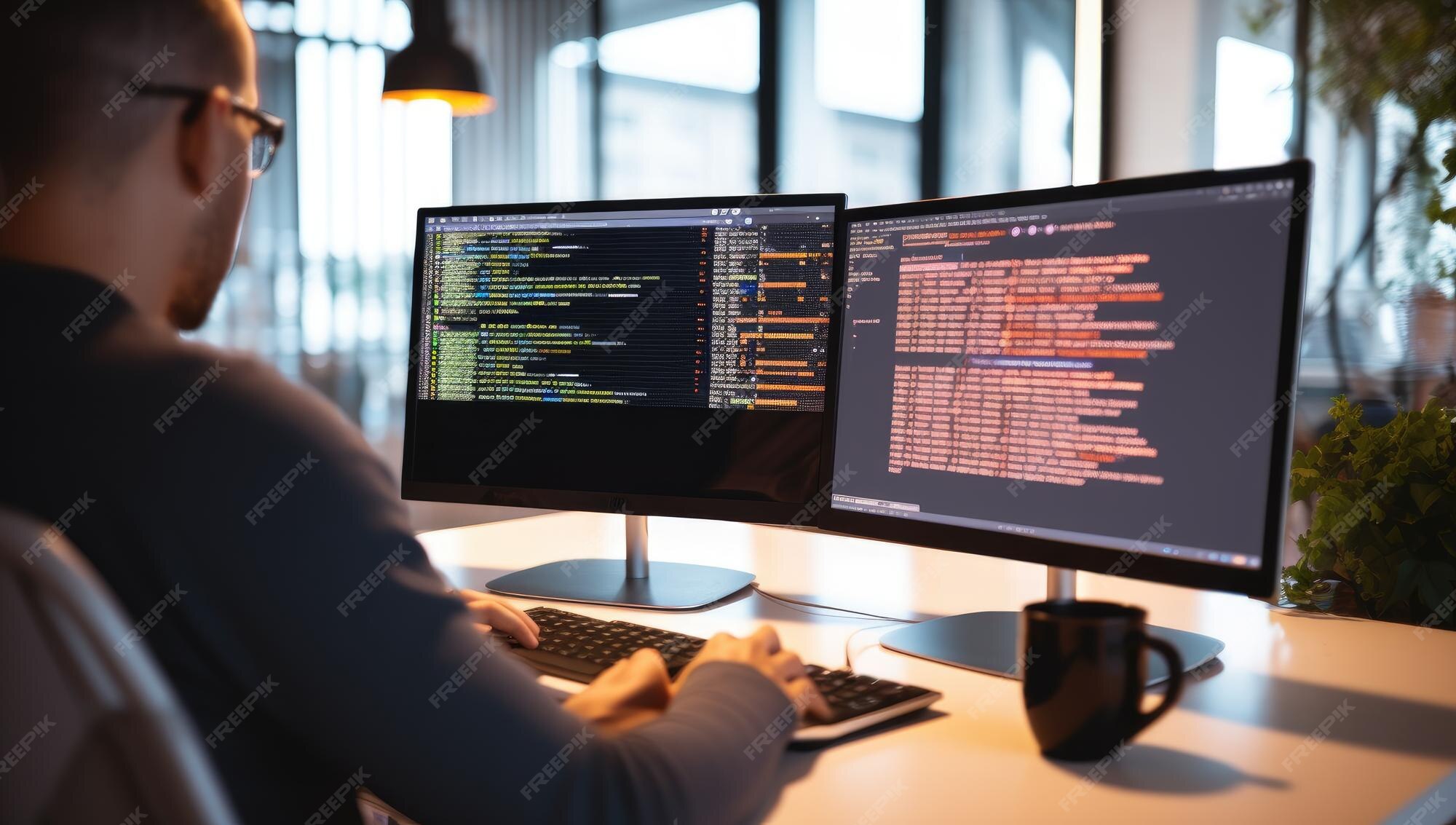 Premium AI Image | Programmer working on computer at night in dark ...