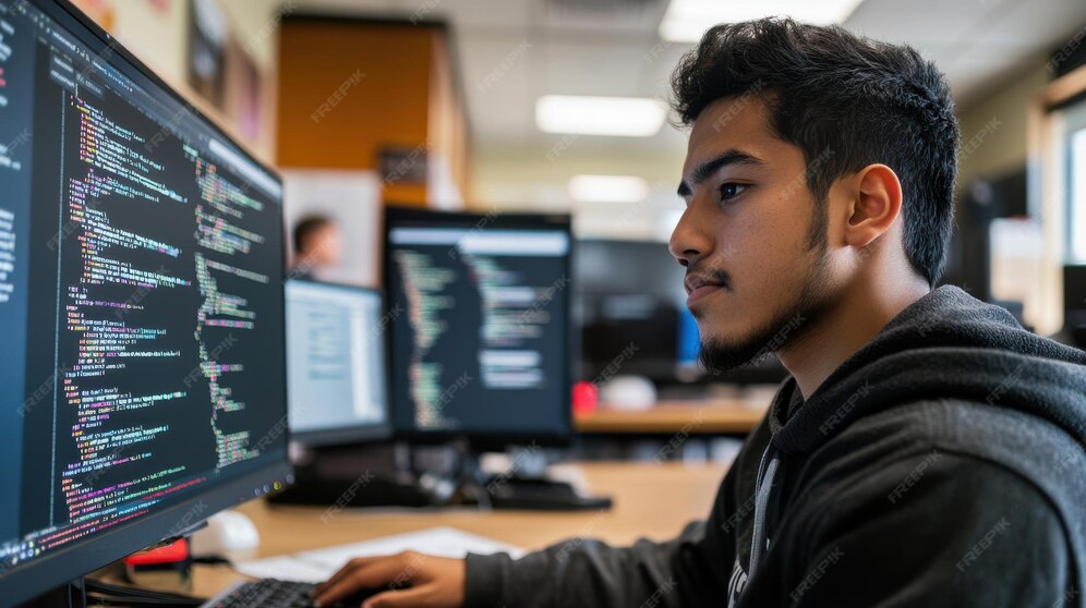 A programmer working on a computer program in a techfocused classroom ...