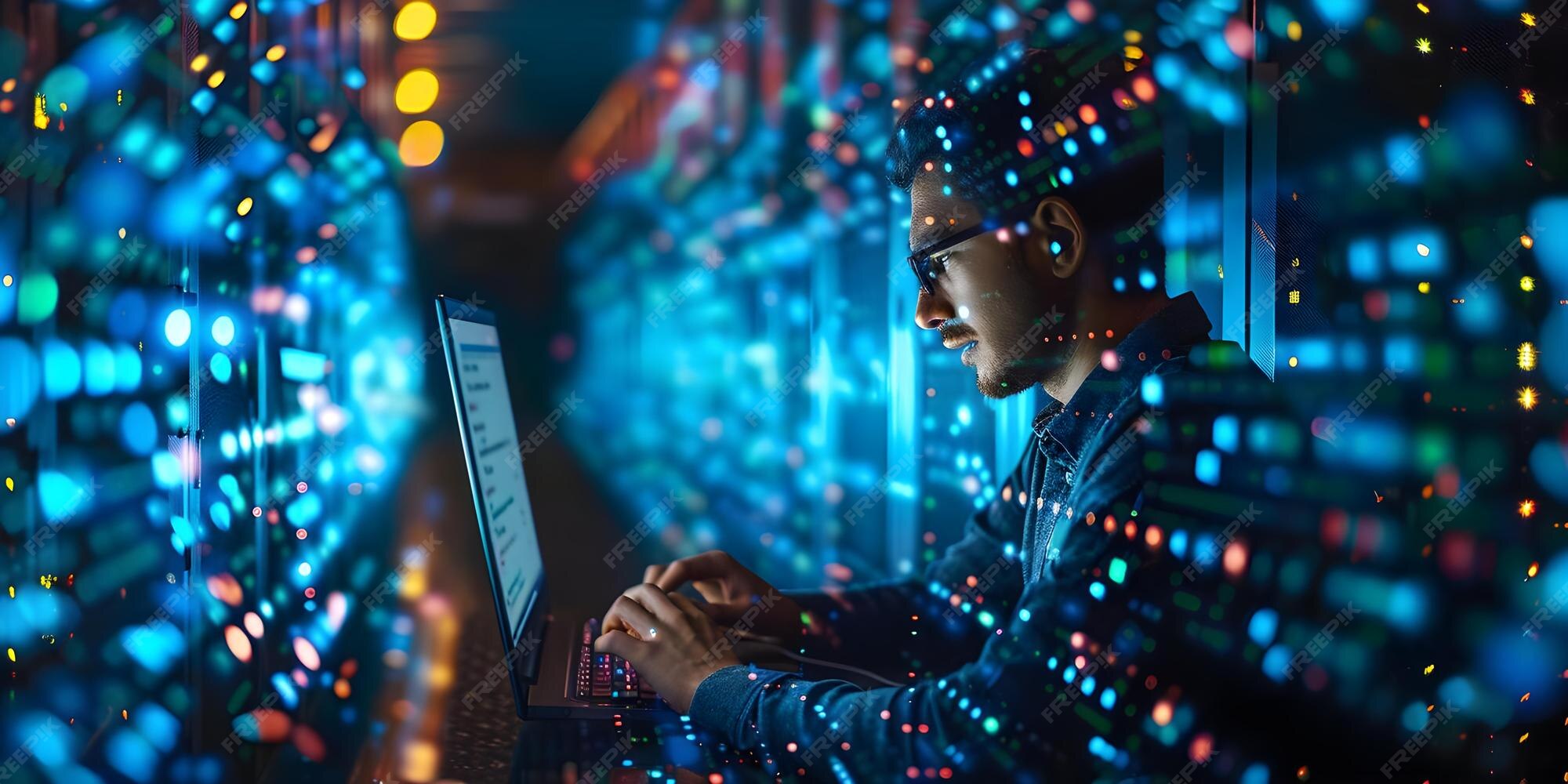 Premium Photo | A Programmer Working on a Computer with Data Centers in the Background Concept ...