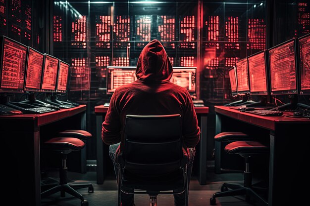 Premium Photo | Programmer working on computers with multiple monitors security system cyber ...