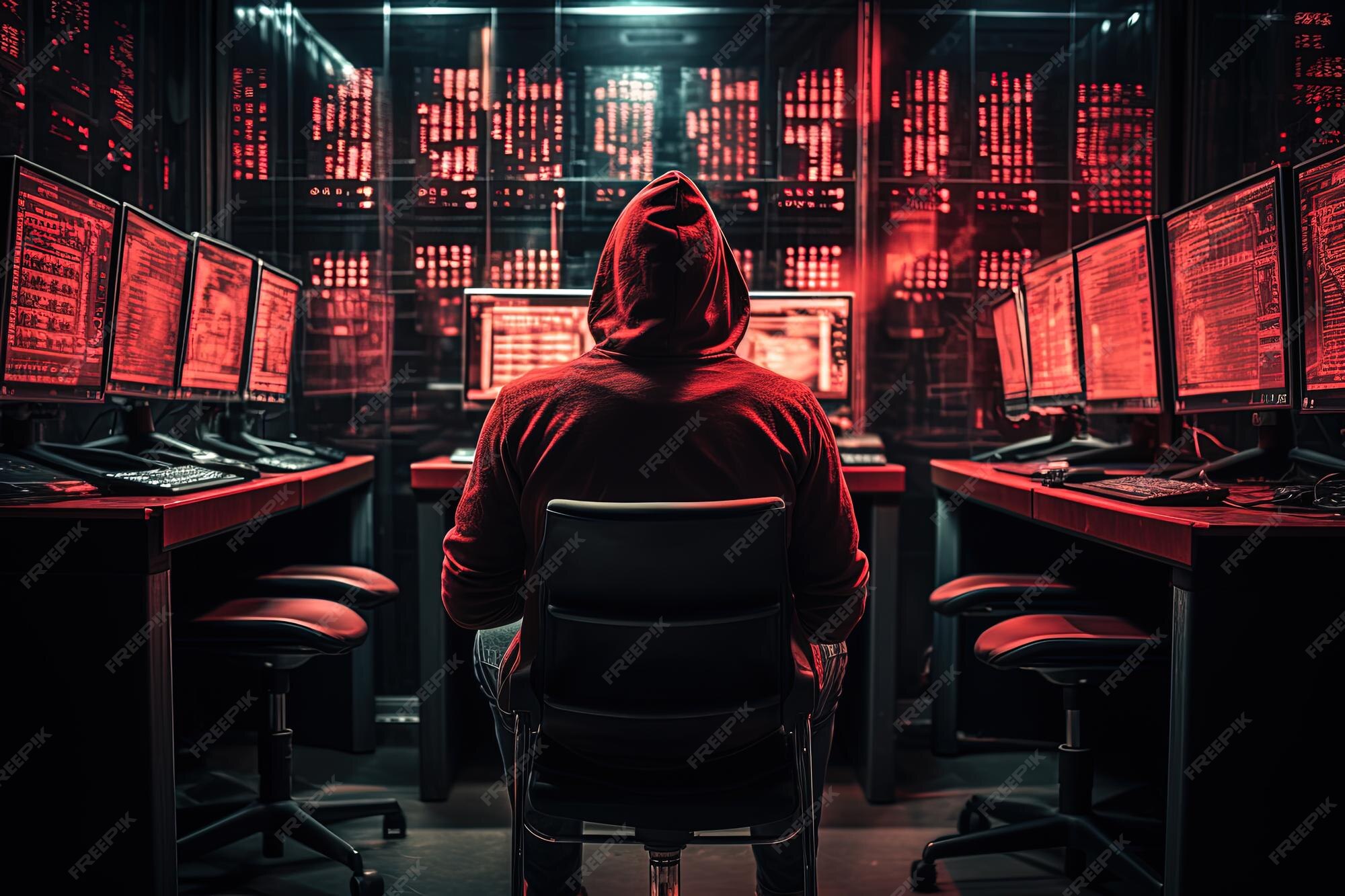 Premium Photo | Programmer working on computers with multiple monitors security system cyber ...