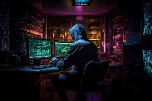 Premium Photo | Programmer working on computers with multiple monitors security system cyber ...