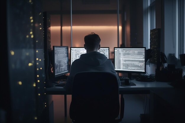Programmer working is on computers with multiple monitors back view Generative AI | Premium AI ...