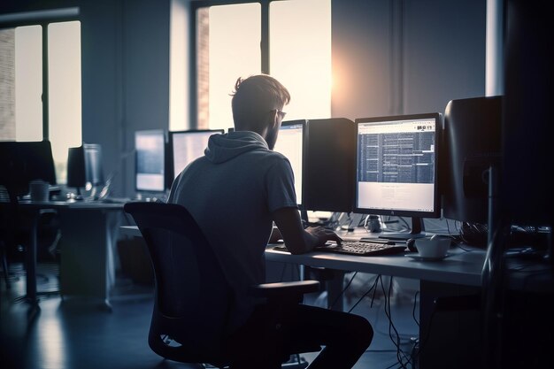 Premium AI Image | Programmer working is on computers with multiple monitors back view Generative AI