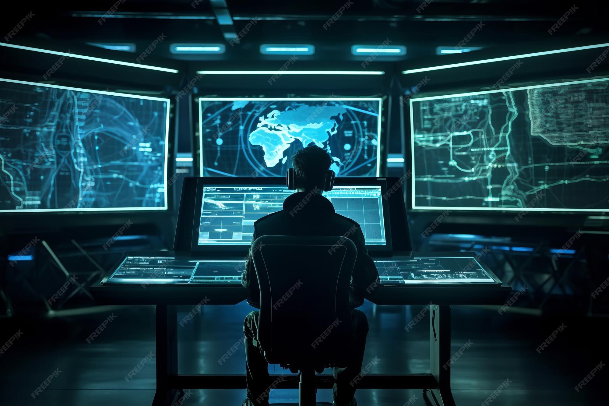 Premium AI Image | Programmer working is on computers with multiple monitors back view Generative AI