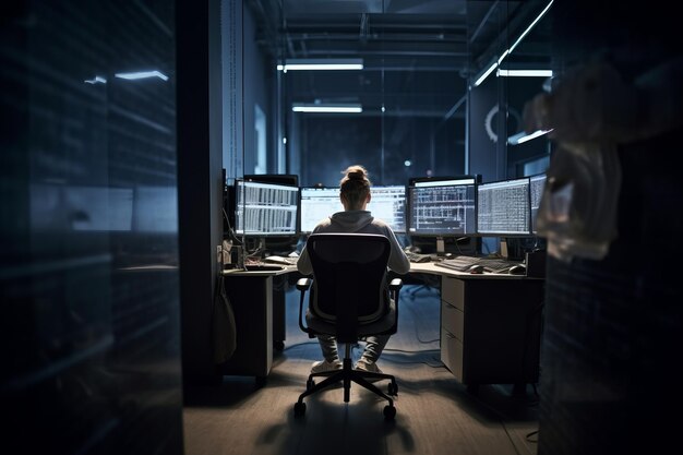 Premium AI Image | Programmer working is on computers with multiple ...