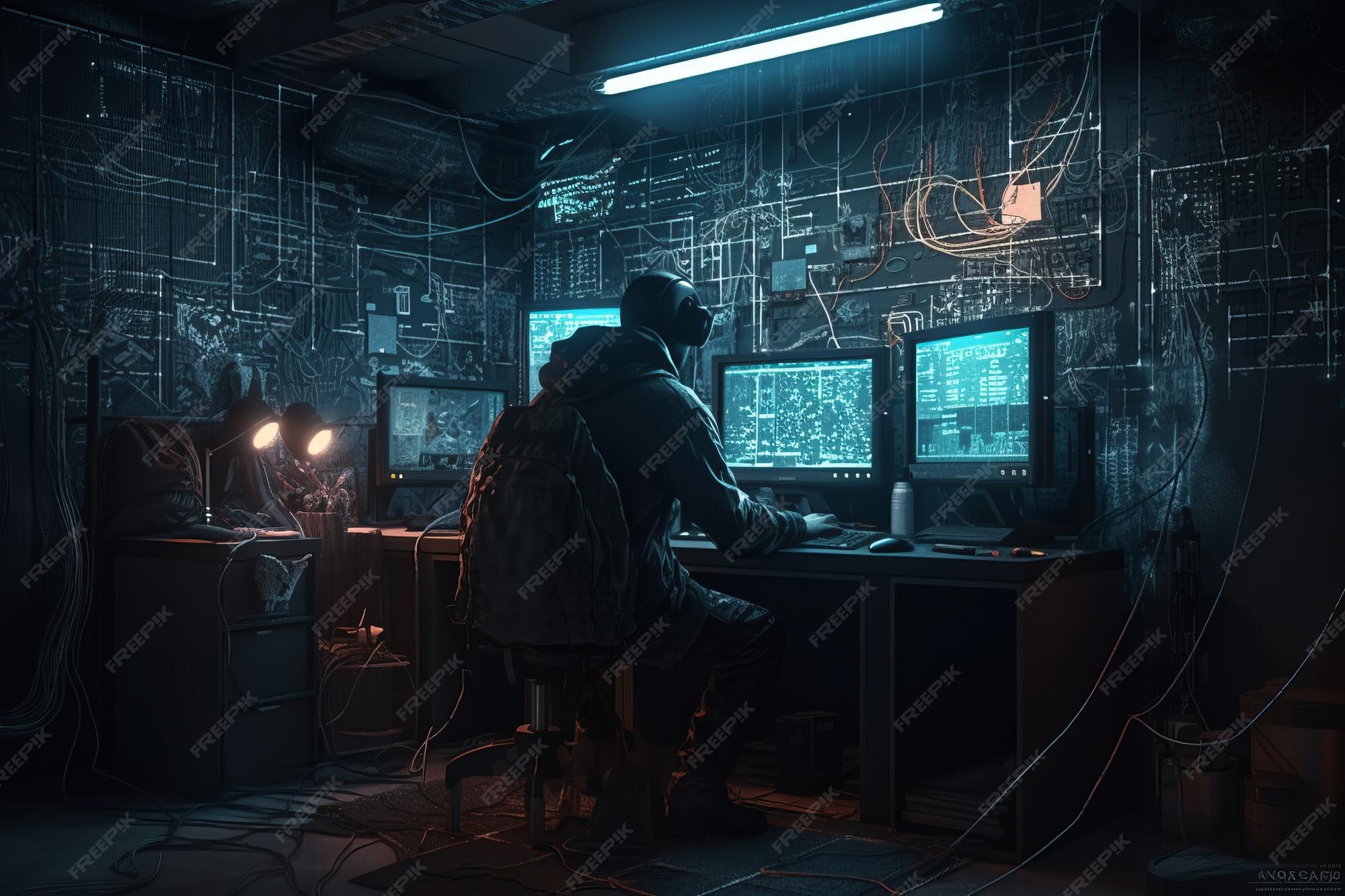 Programmer working is on computers with multiple monitors back view ...