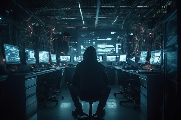 Premium AI Image | Programmer working is on computers with multiple monitors back view Generative AI