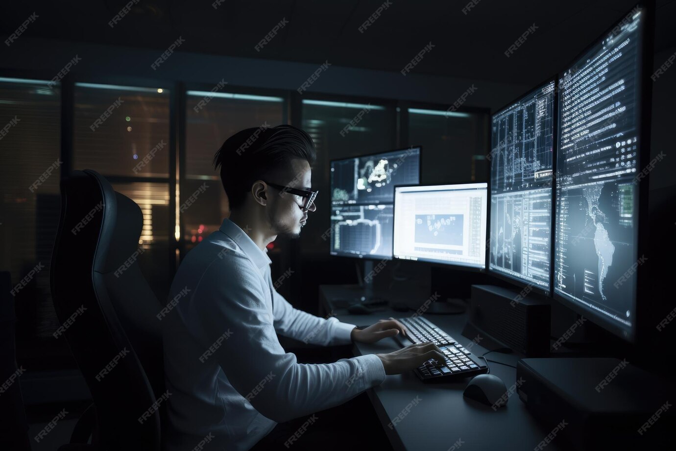 Programmer working at their computer surrounded by monitors displaying code generative ai ...