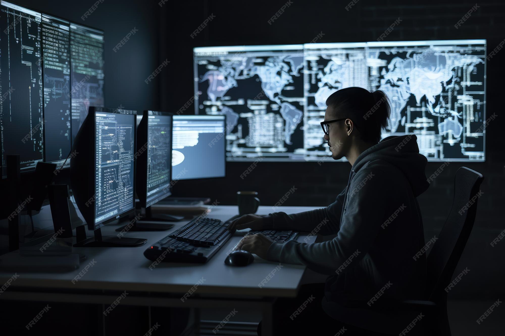 Premium Ai Image Programmer Working At Their Computer Surrounded By Monitors Displaying Code