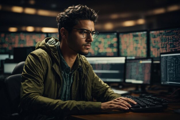 Premium Photo | A programmer works on a desktop computer the screen ...