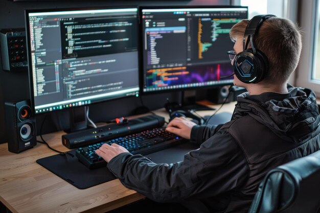 Premium Photo Programmer Writing Program Code With Two Monitors