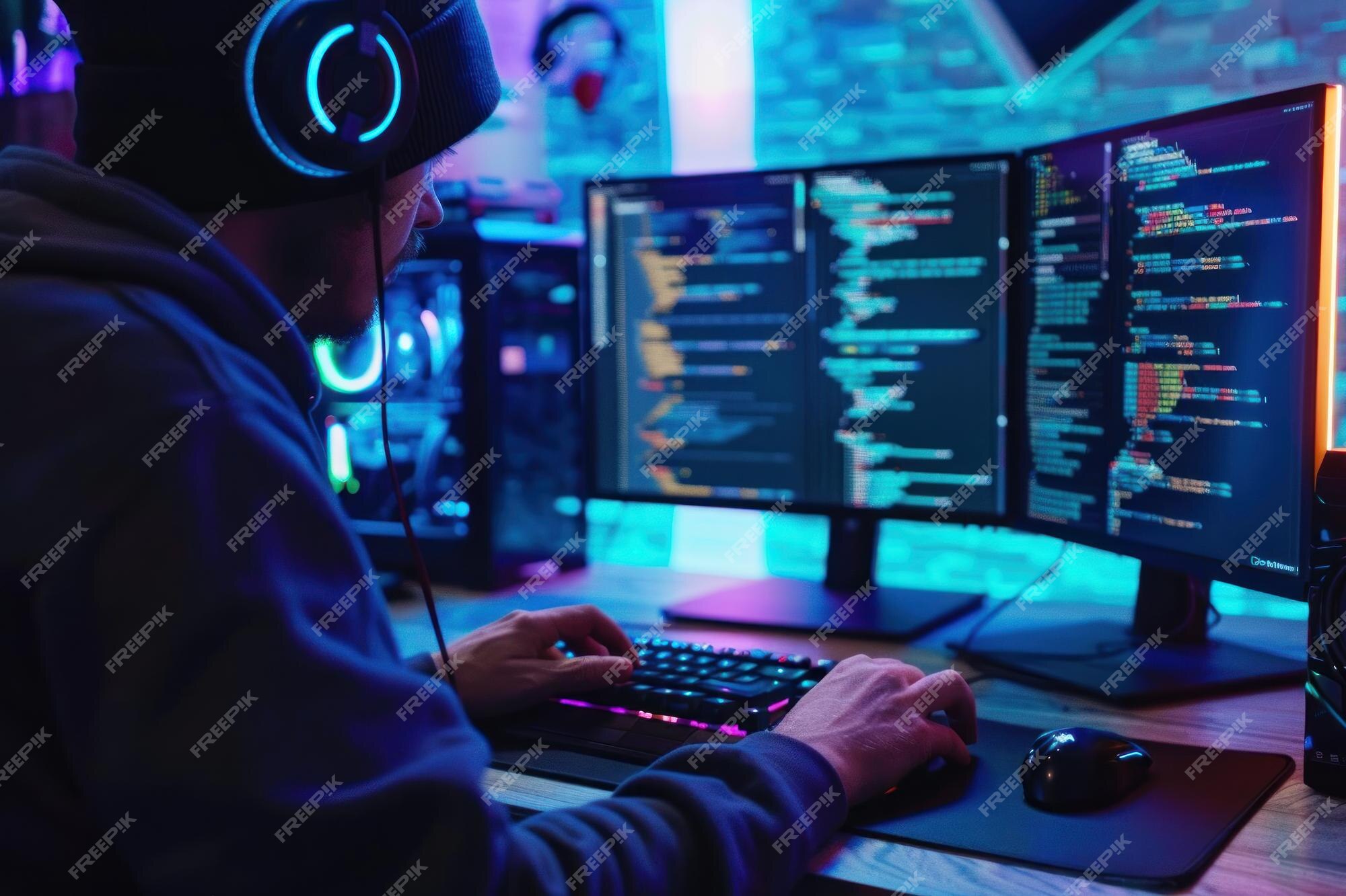 Premium Photo Programmer Writing Program Code With Two Monitors