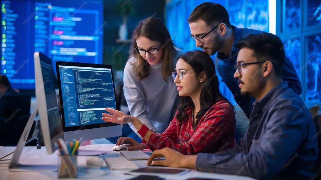 Premium Photo | Programmers collaborating on group project compiling algorithm for new cloud ...