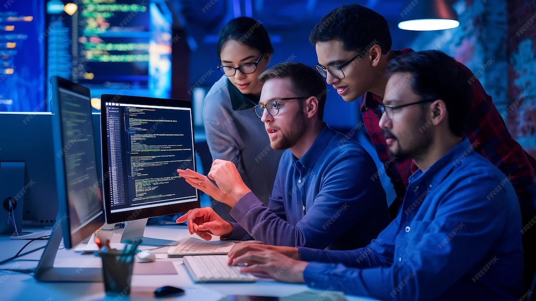 Premium Photo | Programmers collaborating on group project compiling ...