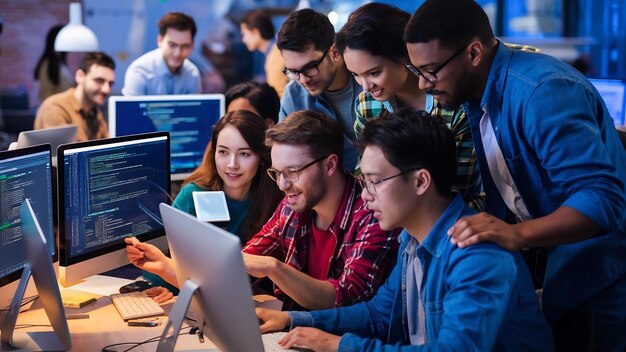 Premium Photo | Programmers collaborating on group project compiling algorithm for new cloud ...