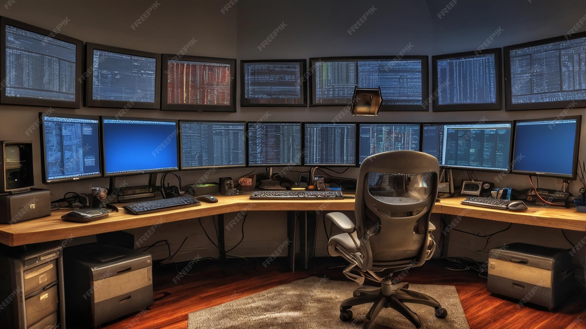 Programmers desk with multiple screens displaying code tech setup productive workspace | Premium ...