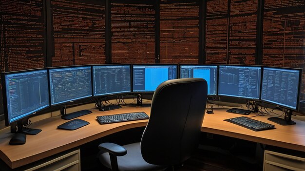 Programmers Desk With Multiple Screens Displaying Code Tech Setup