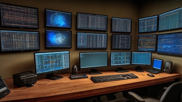Programmers Desk With Multiple Screens Displaying Code Tech Setup