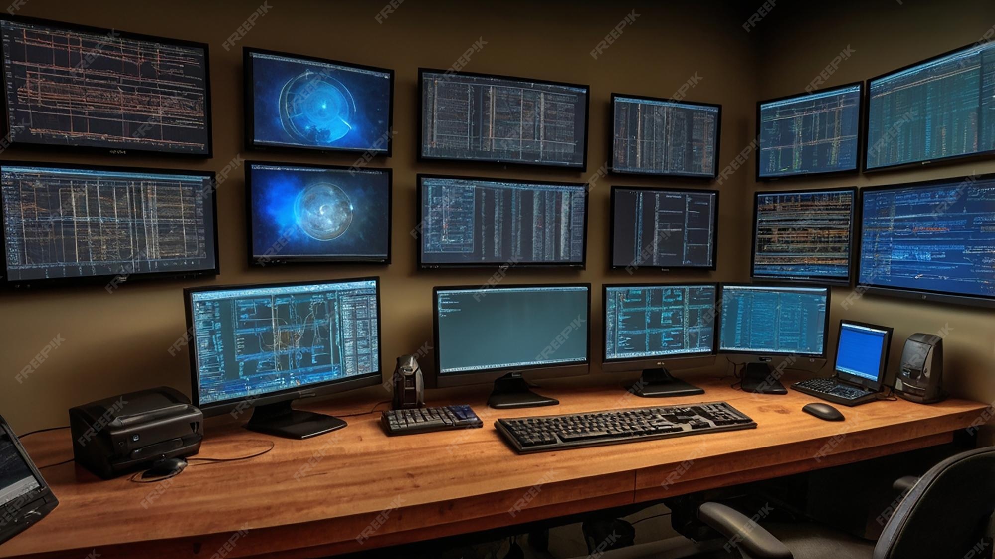 Programmers desk with multiple screens displaying code tech setup productive workspace | Premium ...
