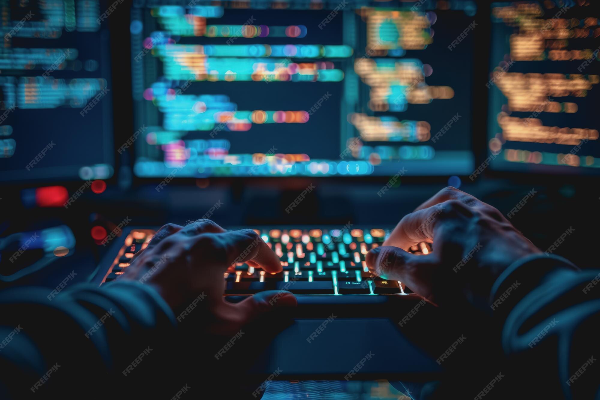 Premium Photo Programmers Hands On Keyboard Writing Source Code Screen Showing Code