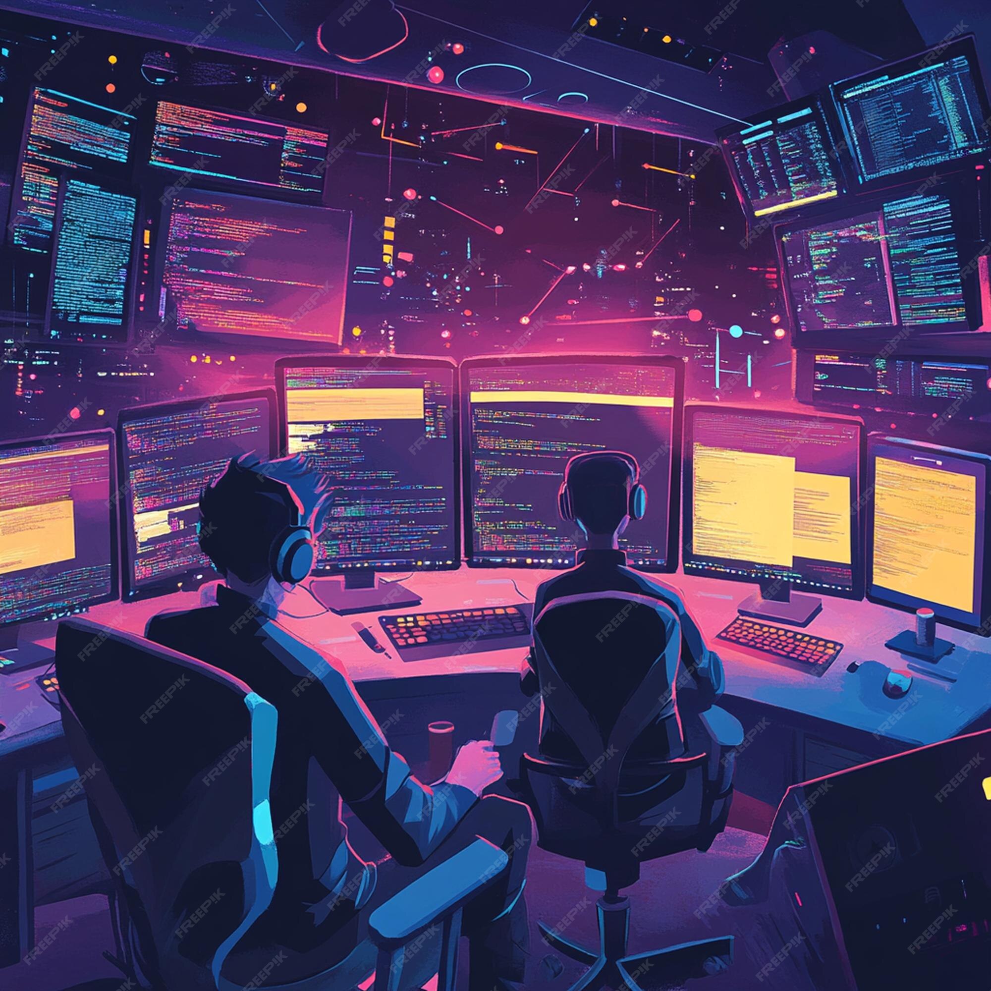 Programmers Working On Code Surrounded By Computers And Screens With