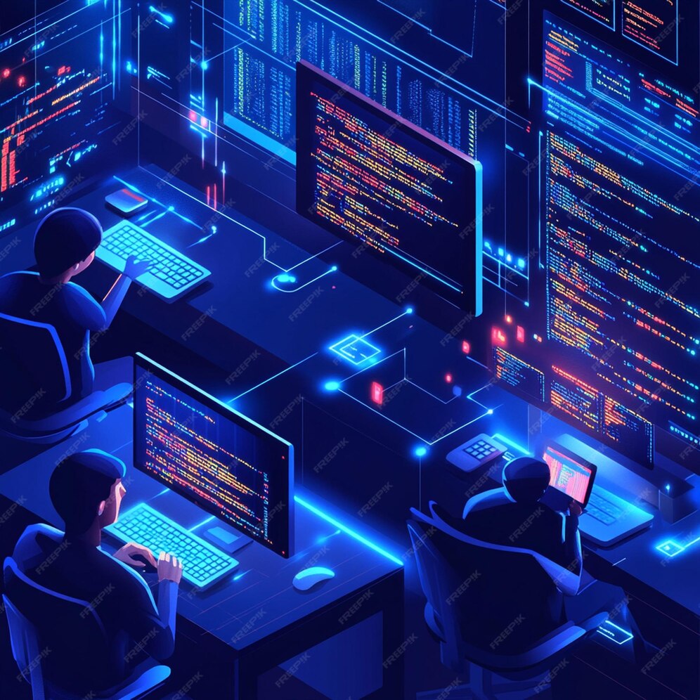 Programmers working on code surrounded by computers and screens with complex algorithms ...